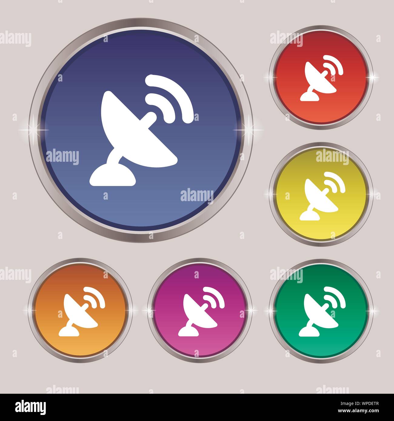 satellite antenna icon sign. Round symbol on bright colourful buttons ...