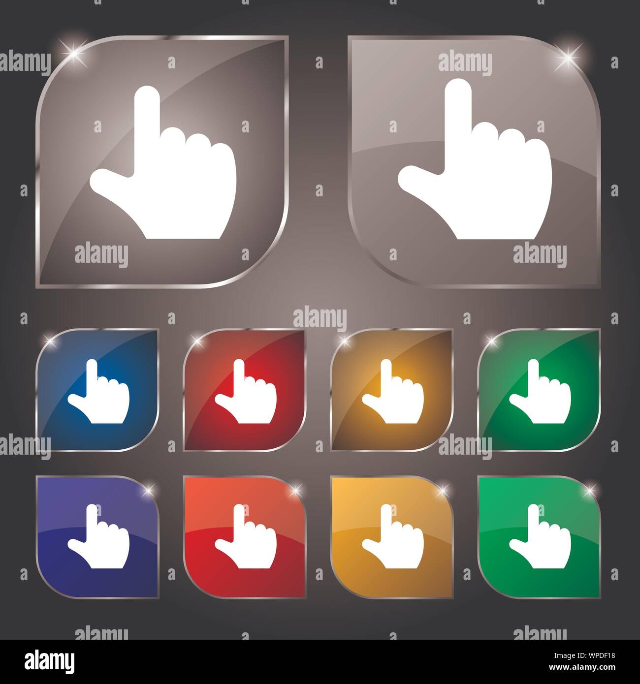 pointing hand icon sign. Set of ten colorful buttons with glare. Vector ...