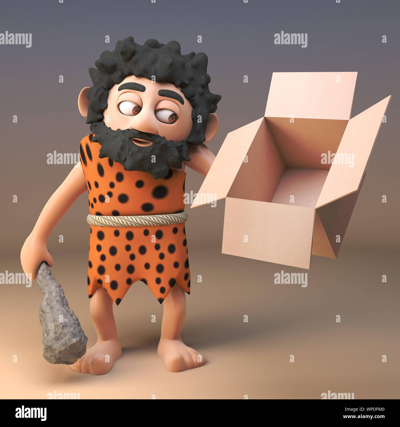 Primitive 3d caveman character looking in an empty cardboard box carton ...