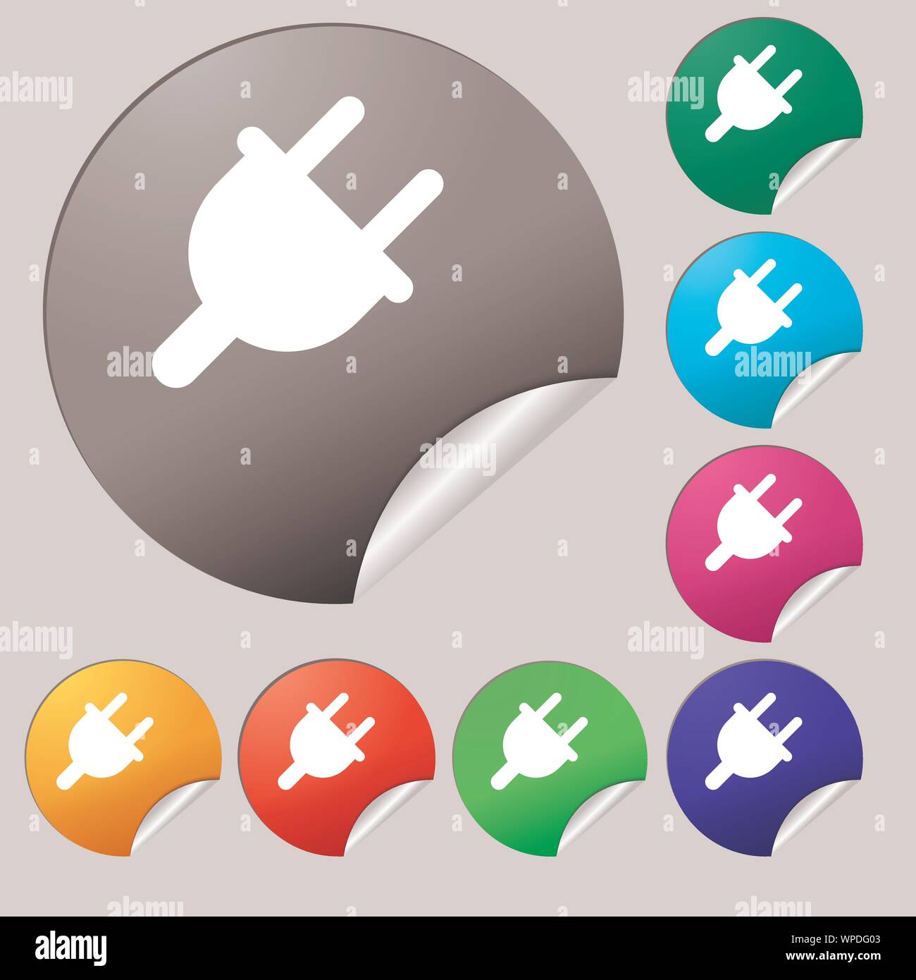 Electric plug, Power energy icon sign. Set of eight multi-colored round ...