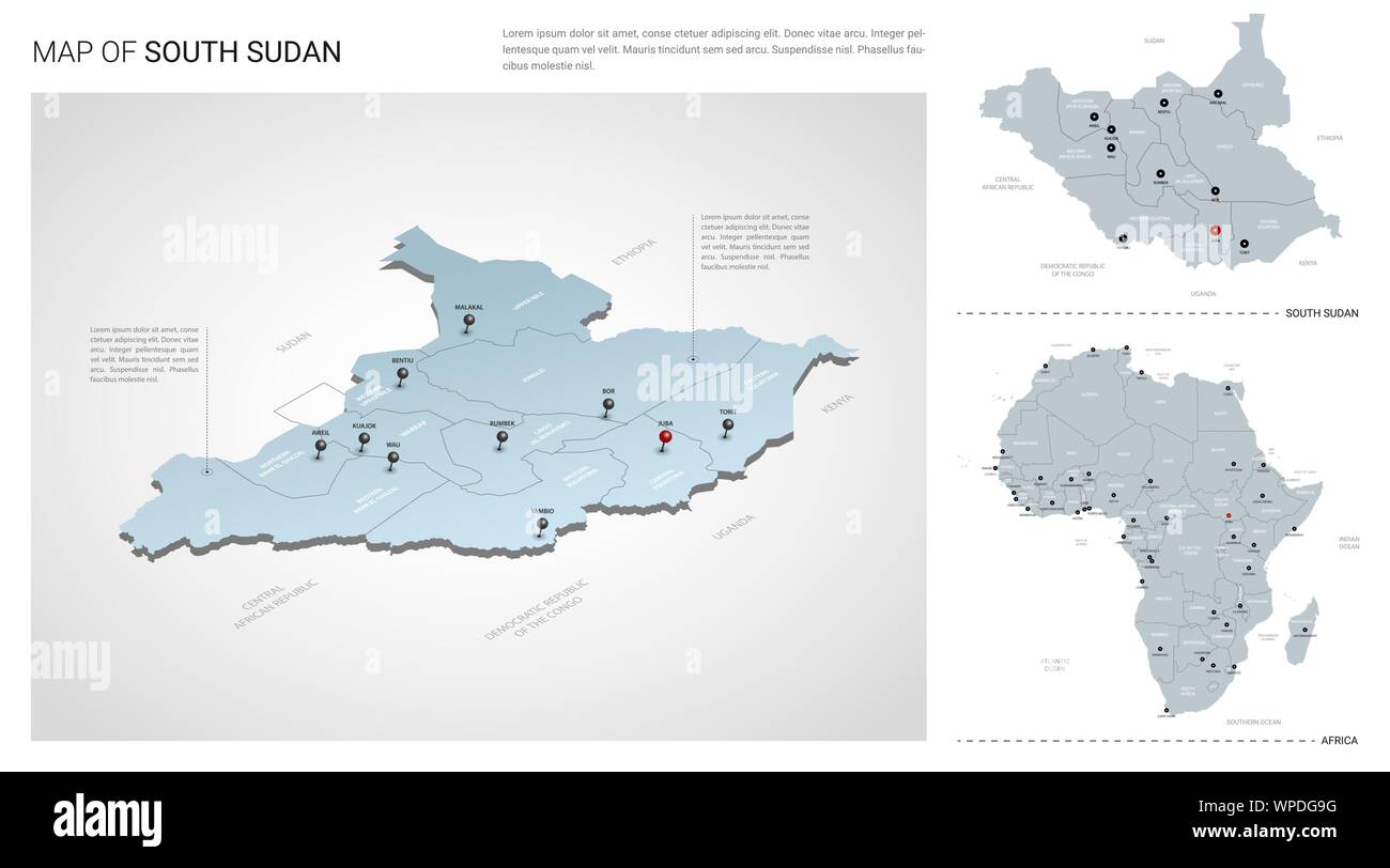 Vector set of South Sudan country. Isometric 3d map, South Sudan map ...