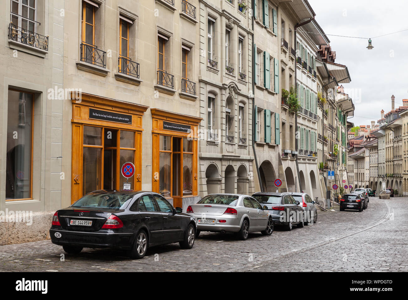 Bern, Switzerland - May 7, 2017: Street view of old Bern. Cars are ...