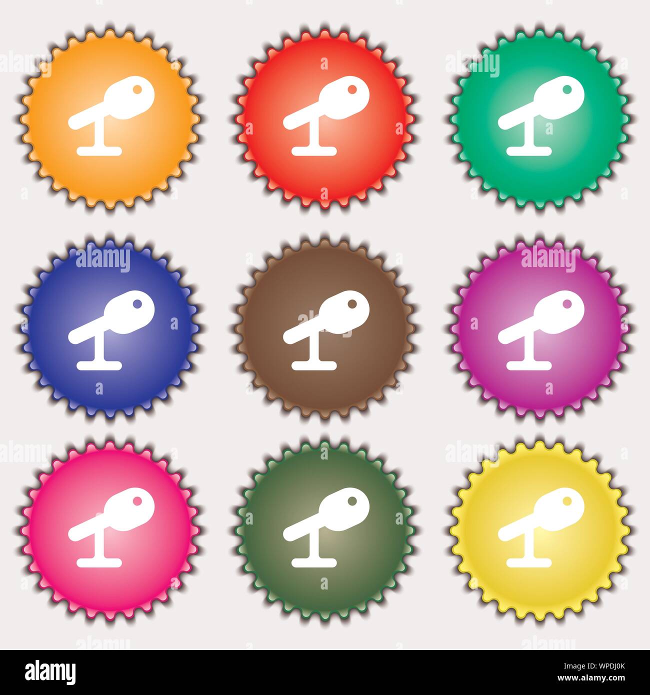 Microphone, Speaker icon sign. A set of nine different colored labels ...
