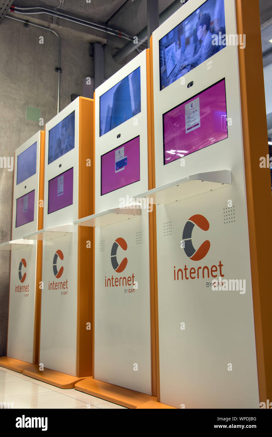 BANGKOK, THAILAND, JUN 05 2019, A lines of free internet stand inside ...