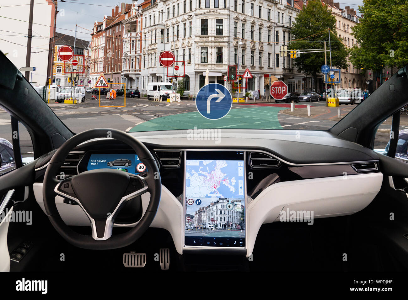 Self driving car on a road. Autonomous vehicle. Inside view Stock Photo ...