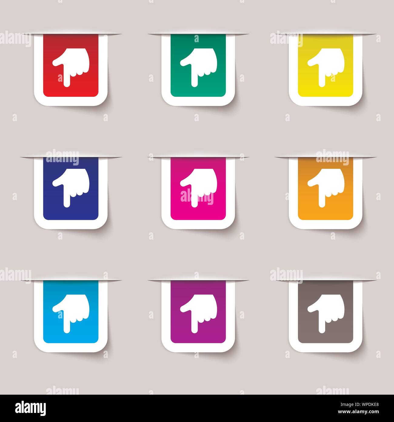 pointing hand icon sign. Set of multicolored modern labels for your ...