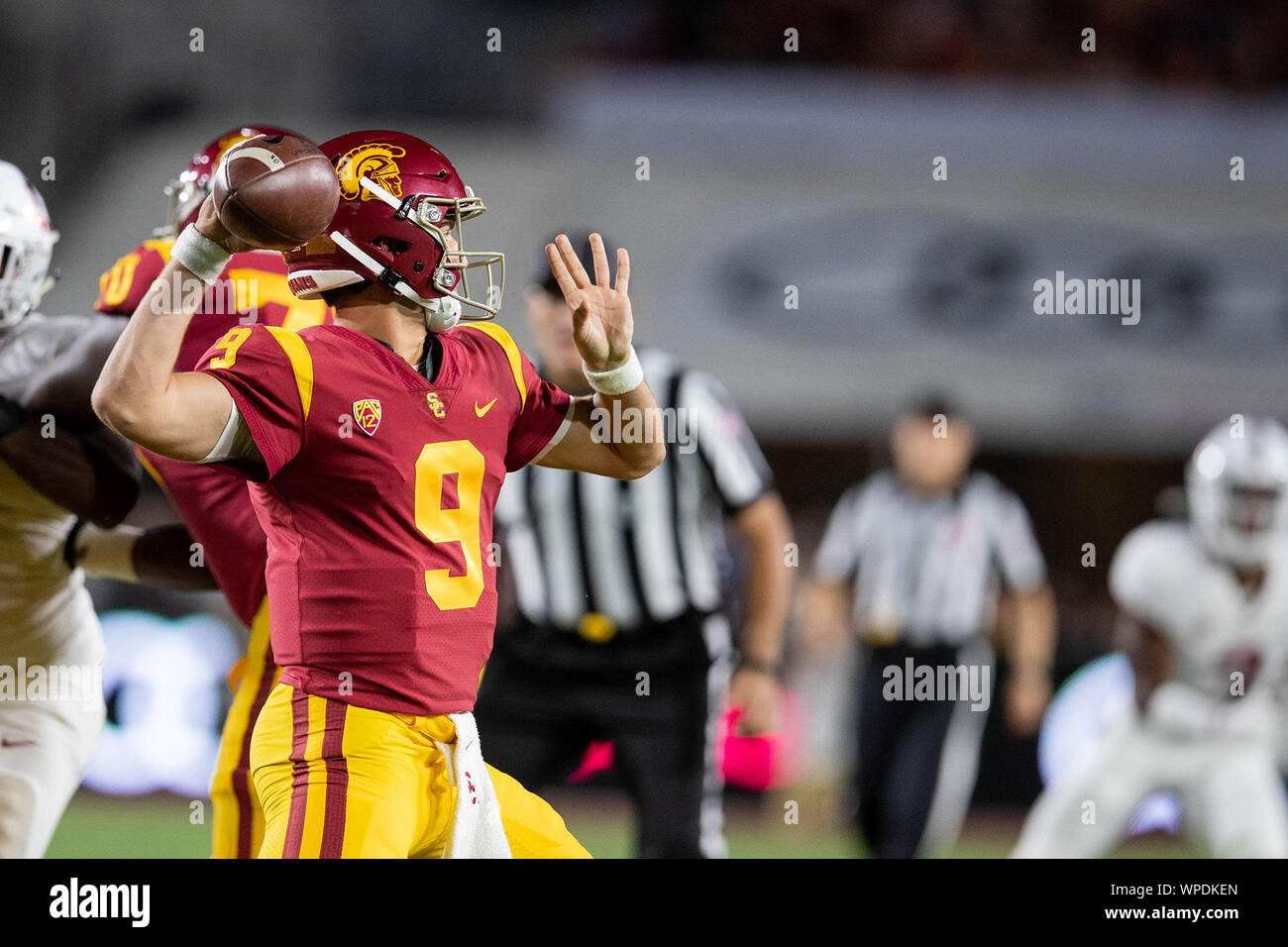 Los Angeles, CA. 7th Sep, 2019. USC quarterback (9) Kedon Slovis looks ...