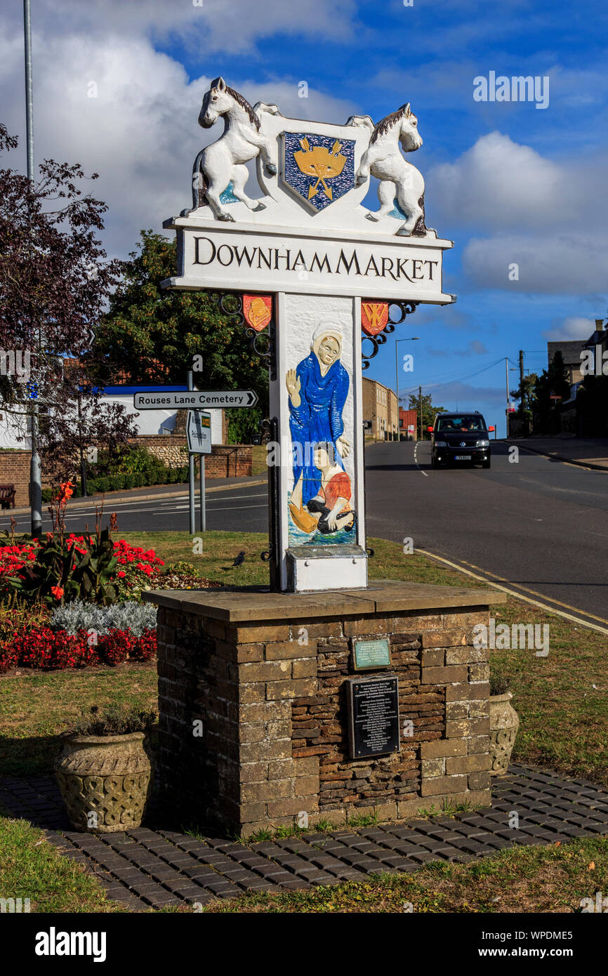 downham market town centre ornate edge of village signpost, norfolk ...