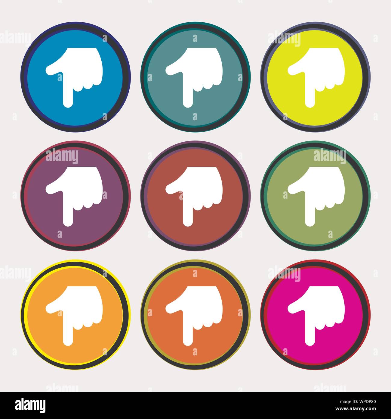pointing hand icon sign. Nine multi-colored round buttons. Vector Stock ...