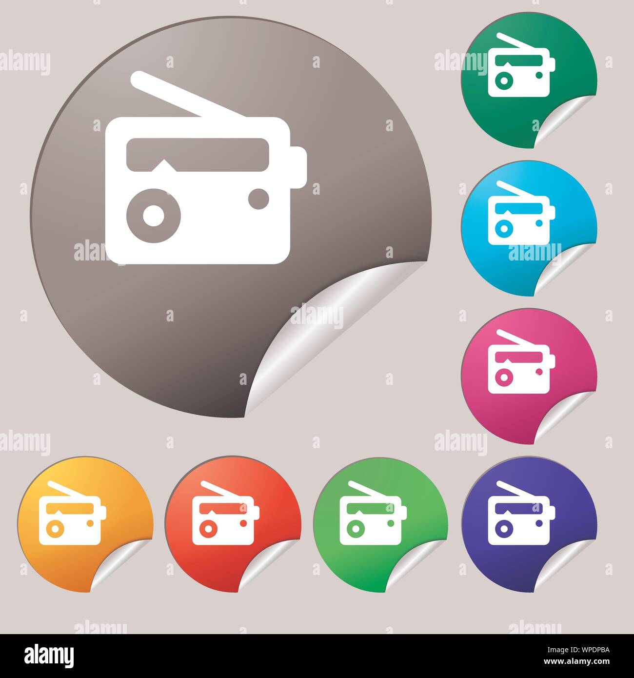 Retro Radio icon sign. Set of eight multi-colored round buttons ...