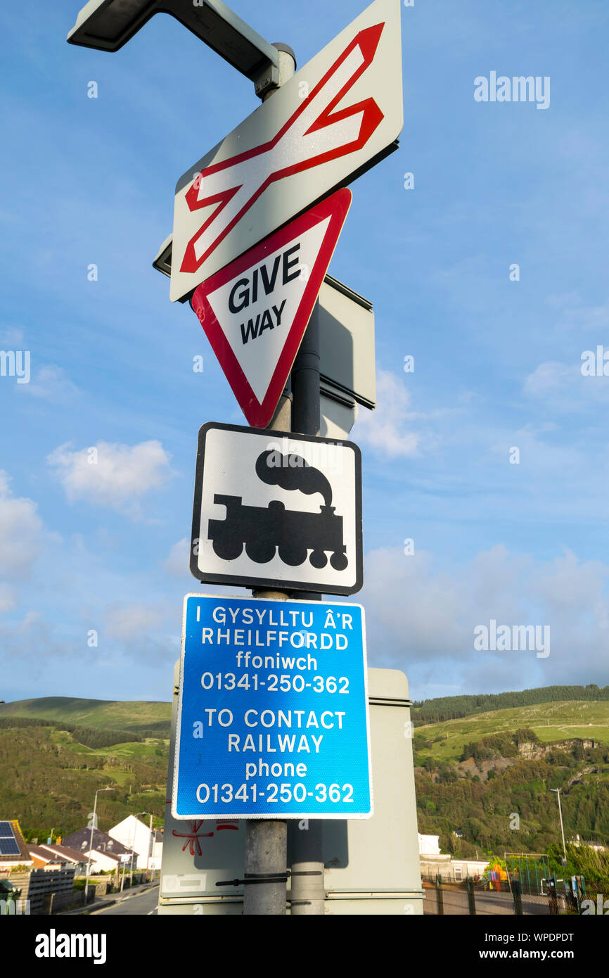 Give way railway warning sign Fairbourne near Barmouth in Gwynedd Mid ...
