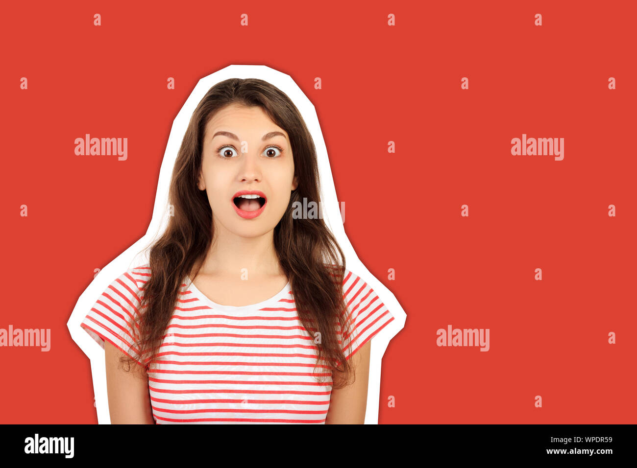 Surprised happy young woman looking sideways in excitement. emotional ...