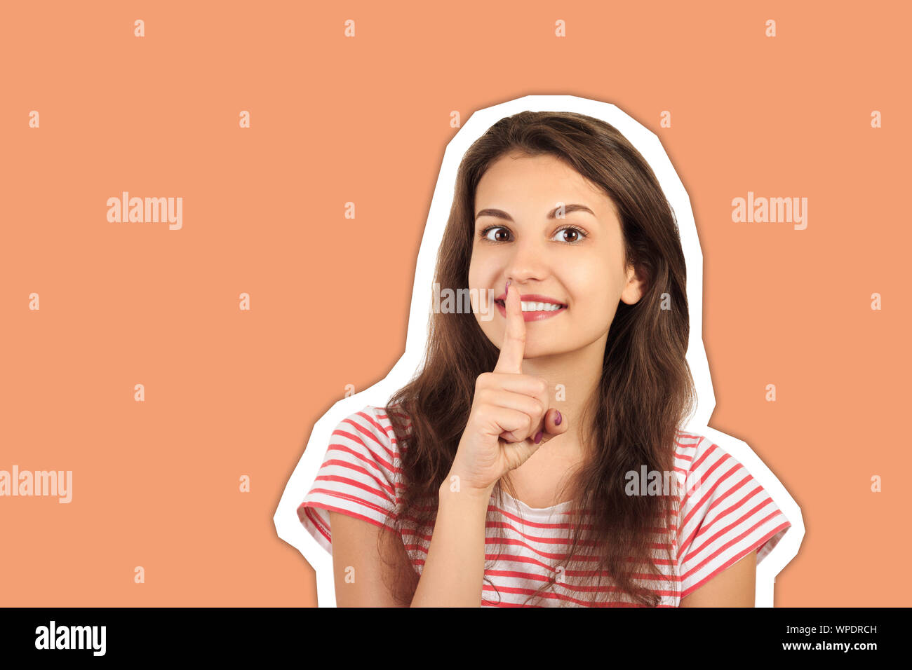 Secret woman. Smiling female showing hand silence sign. emotional girl ...