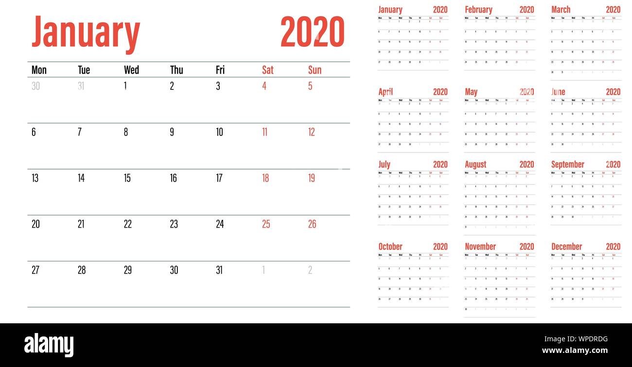 Calendar planner 2020 template vector illustration all 12 months week ...