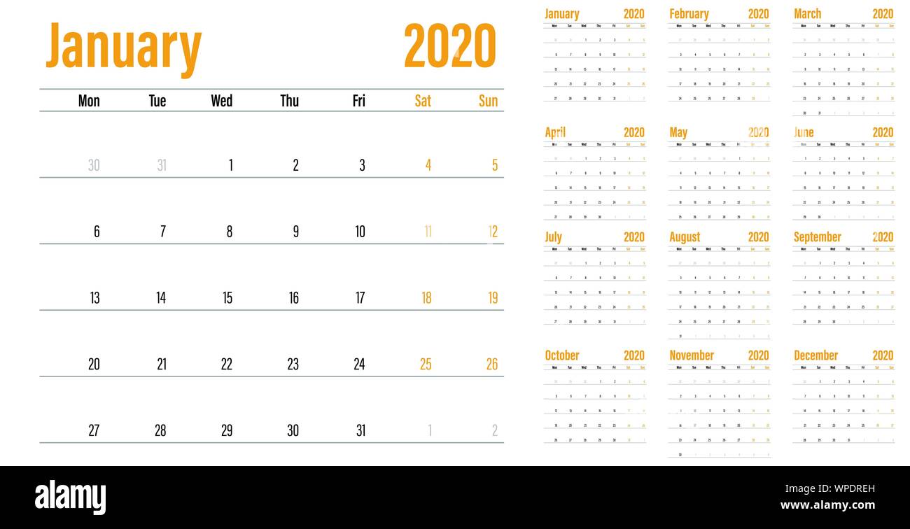 Calendar planner 2020 template vector illustration all 12 months week ...