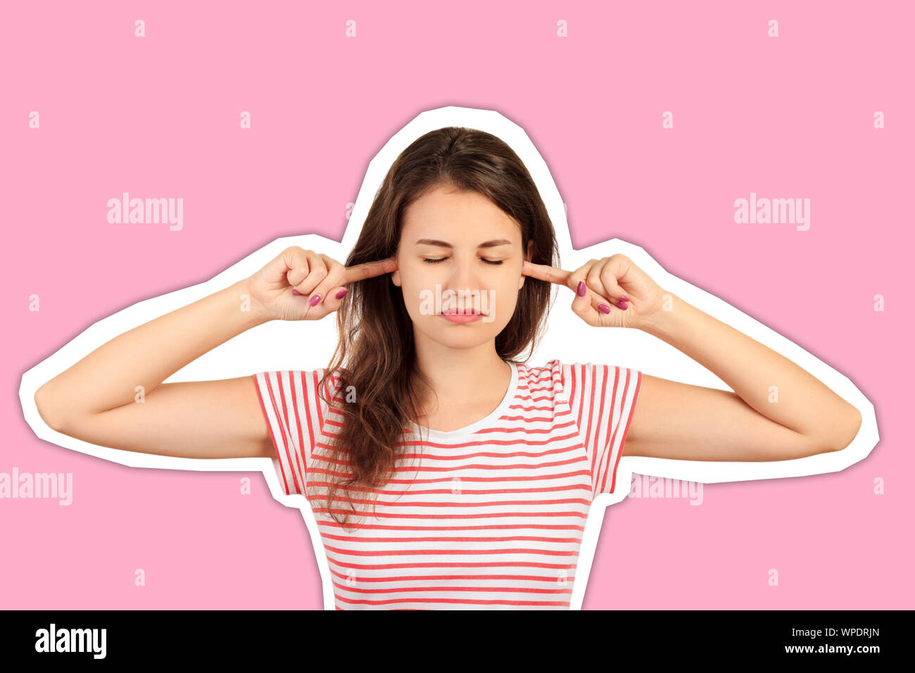 woman plugging ears with fingers and closing eyes tight, irritated with ...