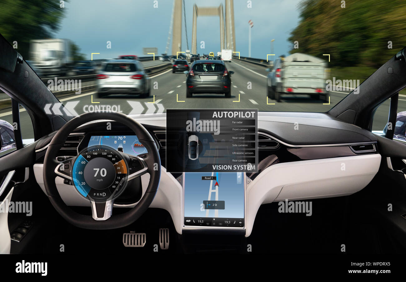 Self driving car on a road. Autonomous vehicle. Inside view Stock Photo ...