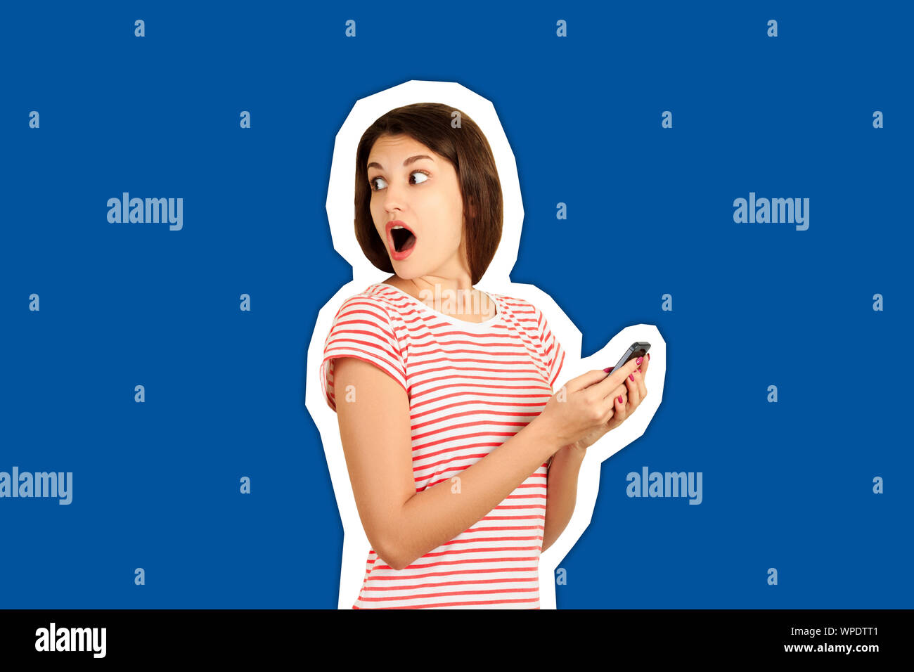 girl send a message and surprise turns back with his mouth open ...