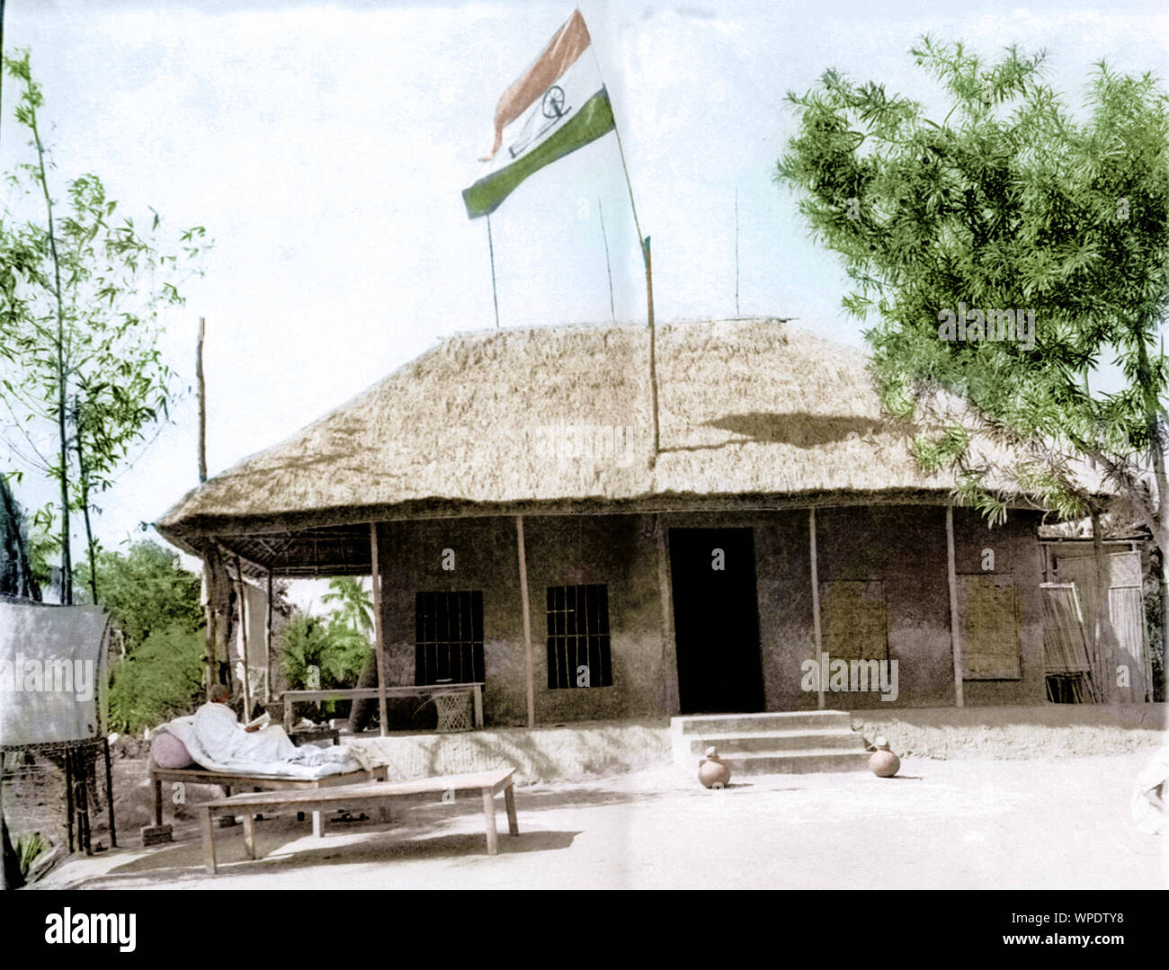 Mahatma Gandhi sitting in front of his hut, Assam, India, Asia ...