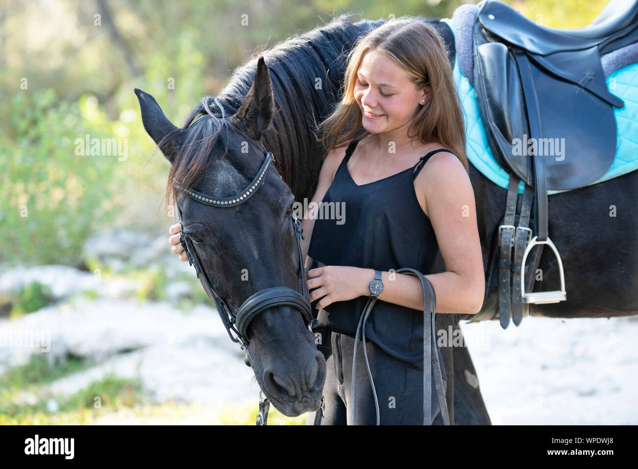 riding girl are training her black horse Stock Photo - Alamy