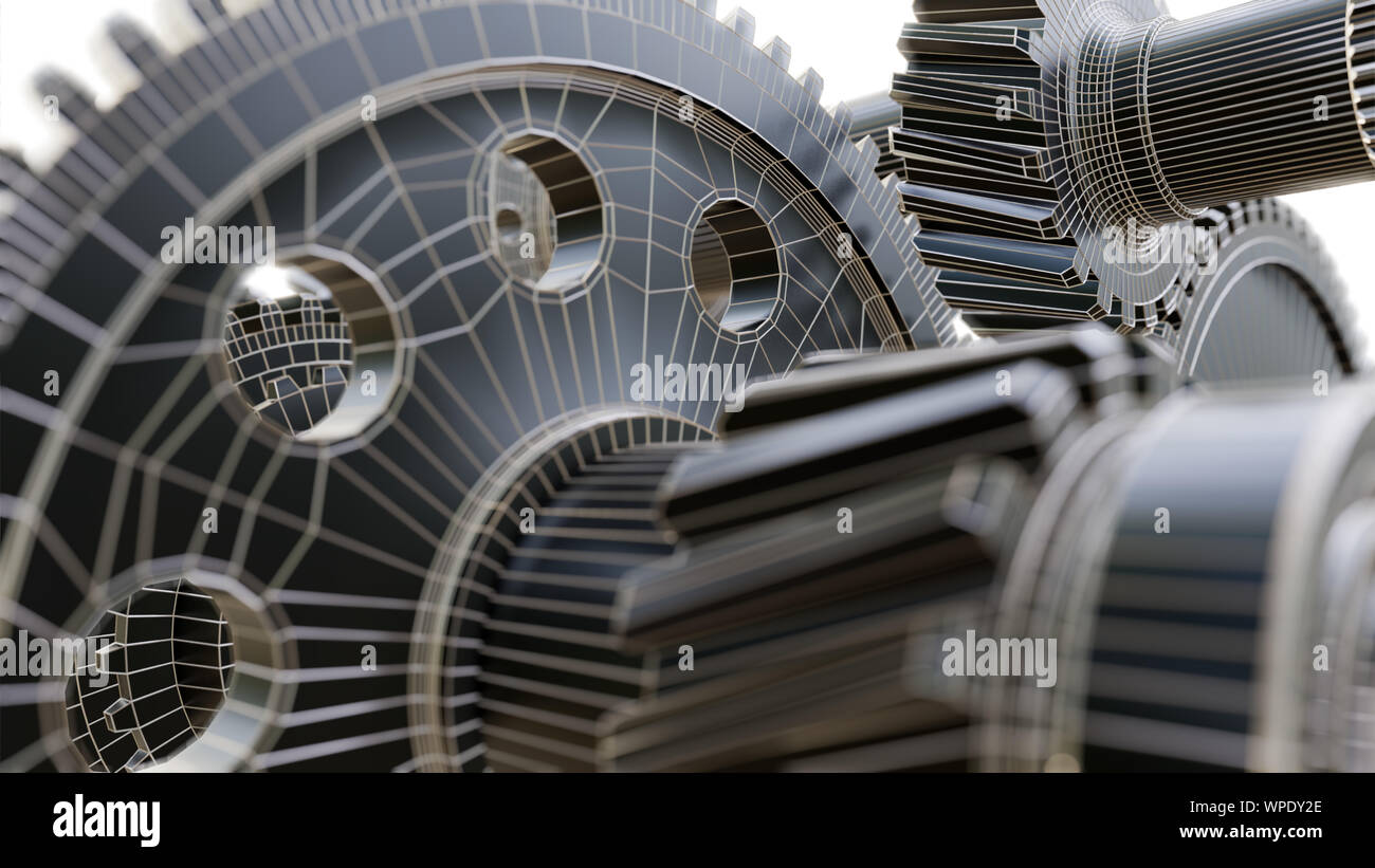 Futuristic gear mechanism, on white background. 3D illustration Stock ...