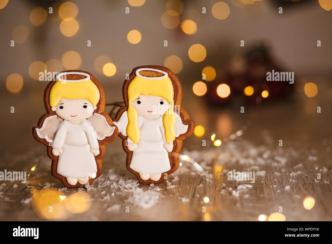 Holiday traditional food bakery. Gingerbread pair of little cute angels ...