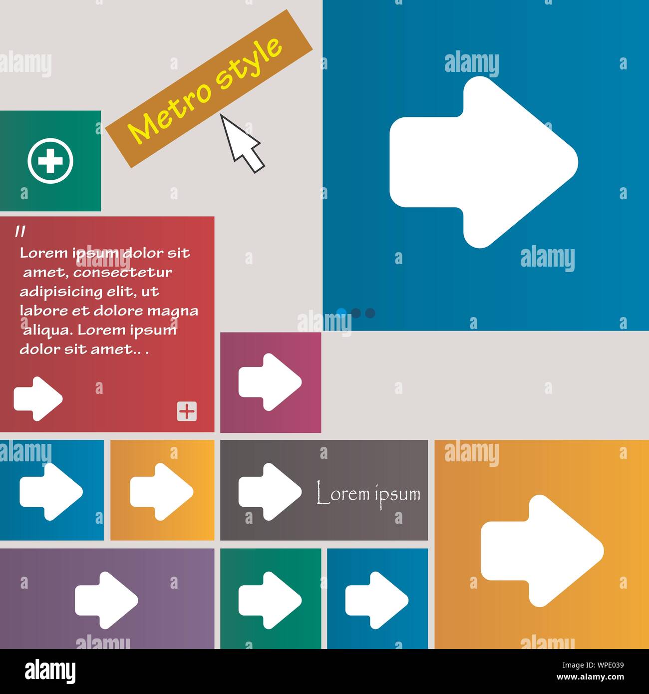 Arrow right, Next icon sign. Metro style buttons. Modern interface website buttons with cursor ...