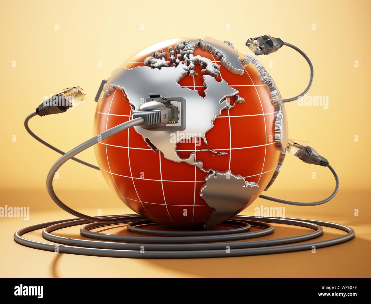 Rj45 plug connected to blue globe with world map. 3D illustration Stock ...