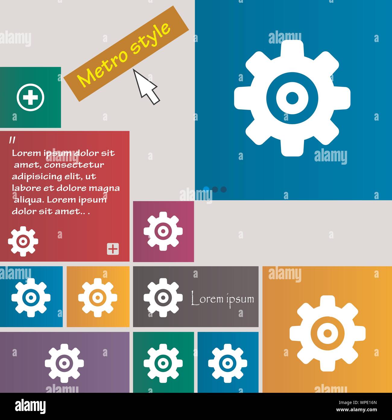 Cog settings, Cogwheel gear mechanism icon sign. Metro style buttons. Modern interface website ...