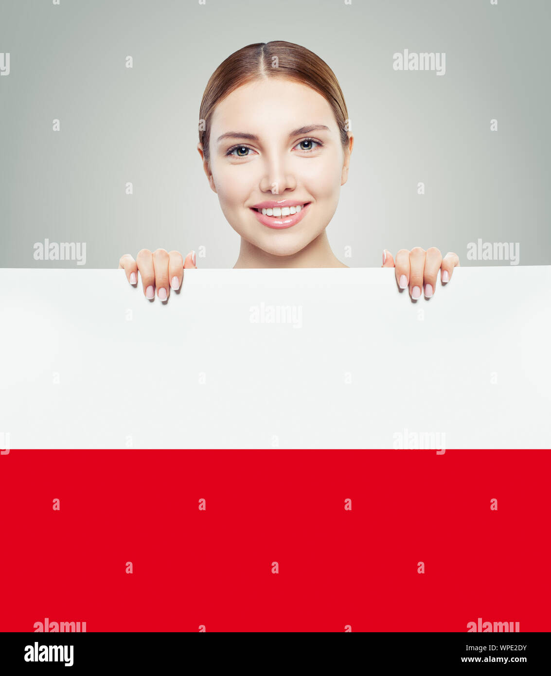 Cute woman showing the Poland flag background. Travel and learn polish ...