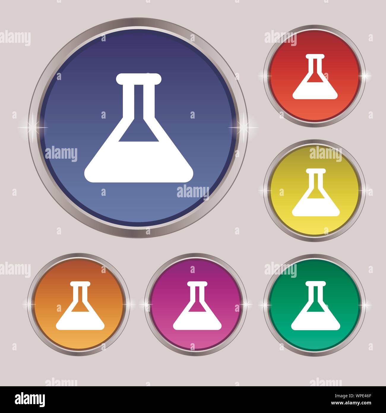 Conical Flask icon sign. Round symbol on bright colourful buttons ...