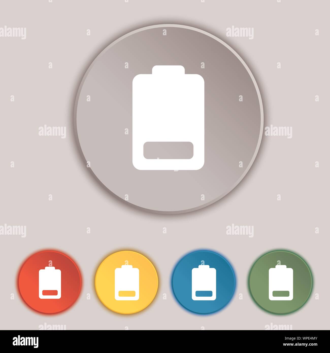 Battery low level, Electricity icon sign. Symbol on five flat buttons ...