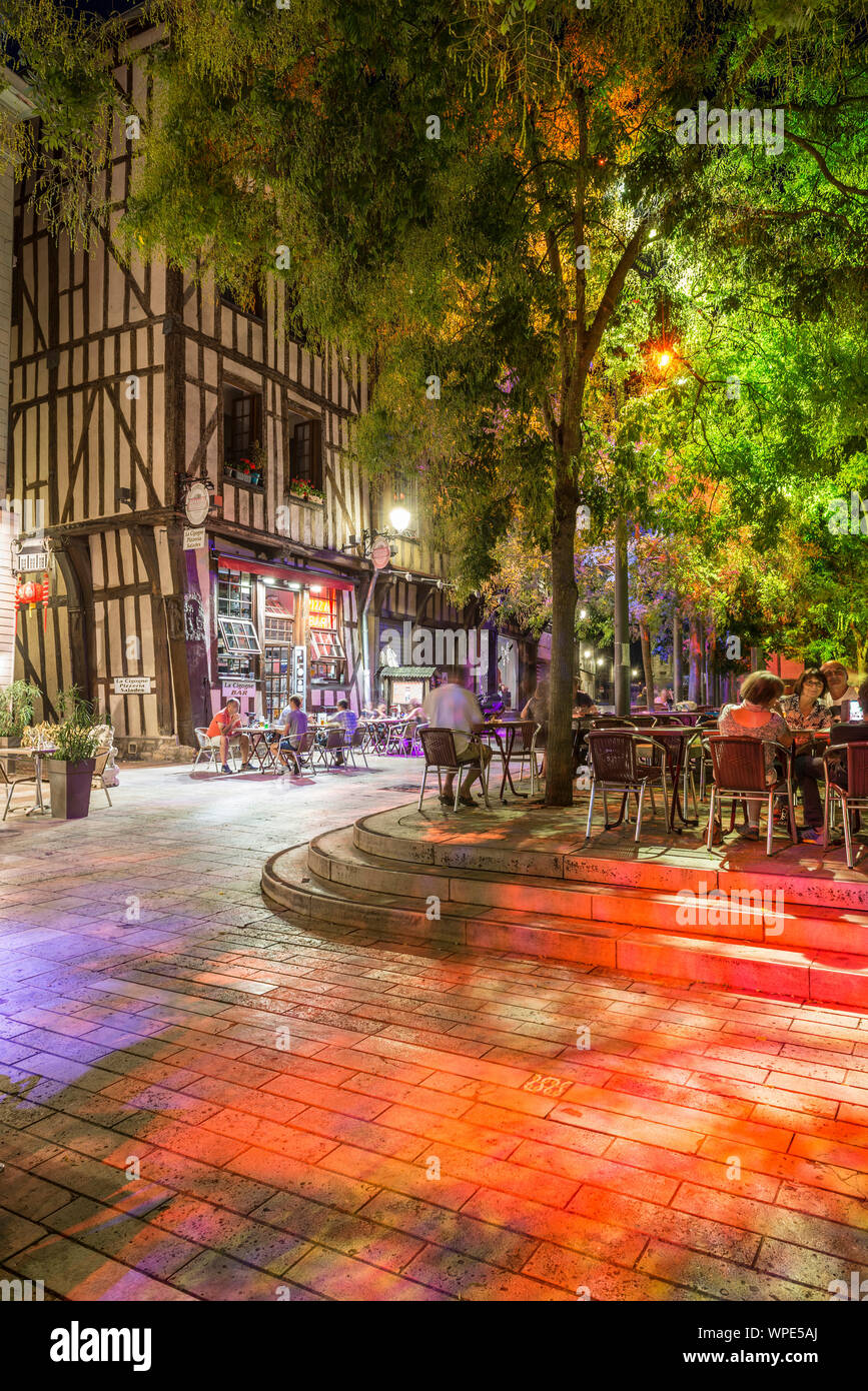 Troyes (north-eastern France): terraces of bars and restaurants viewed ...