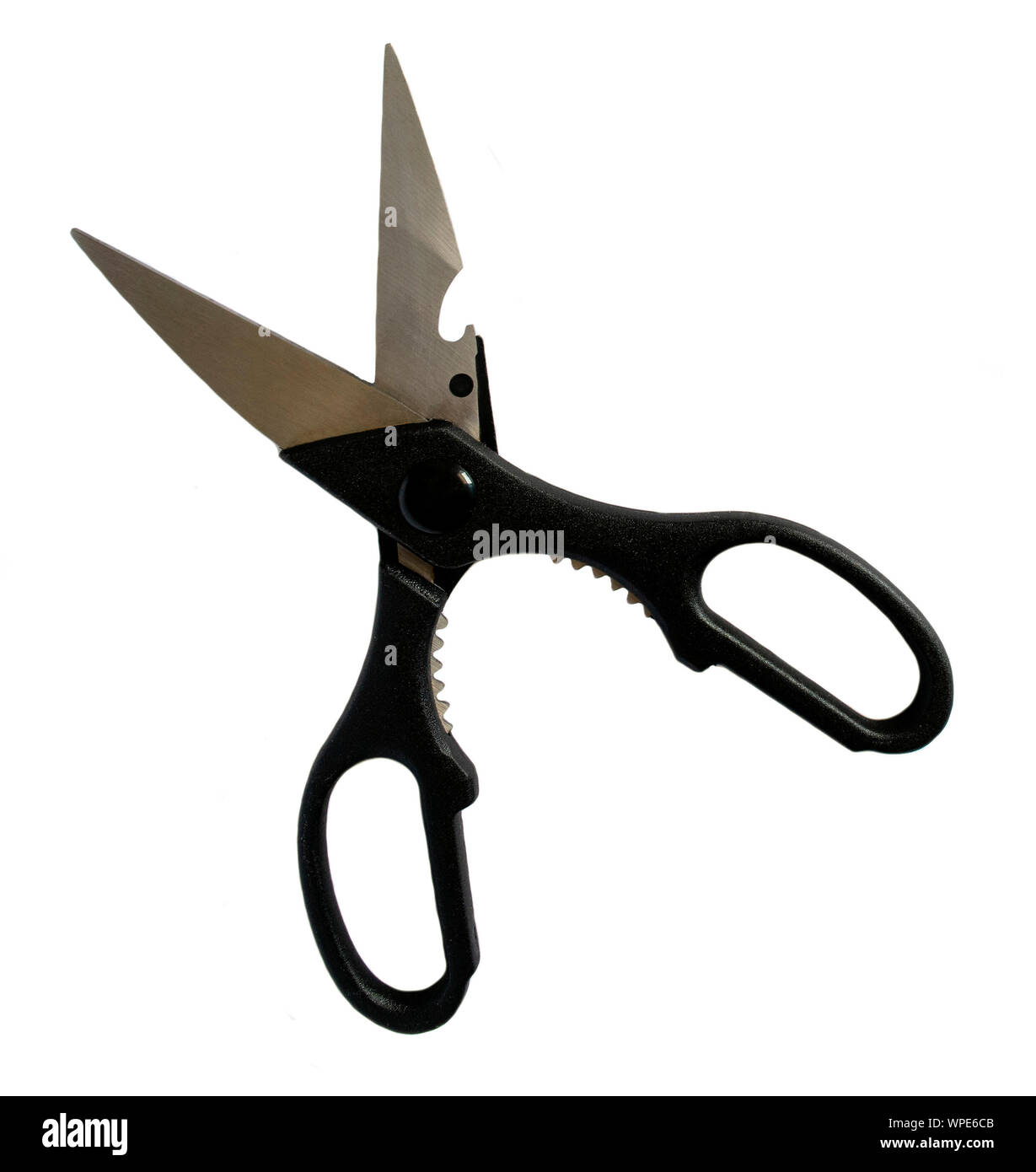 Black stainless steel opened kitchen scissors isolated on white ...