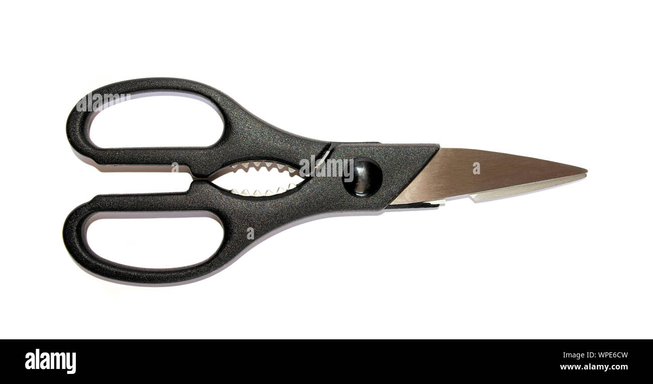 Black stainless steel kitchen scissors isolated on white background ...