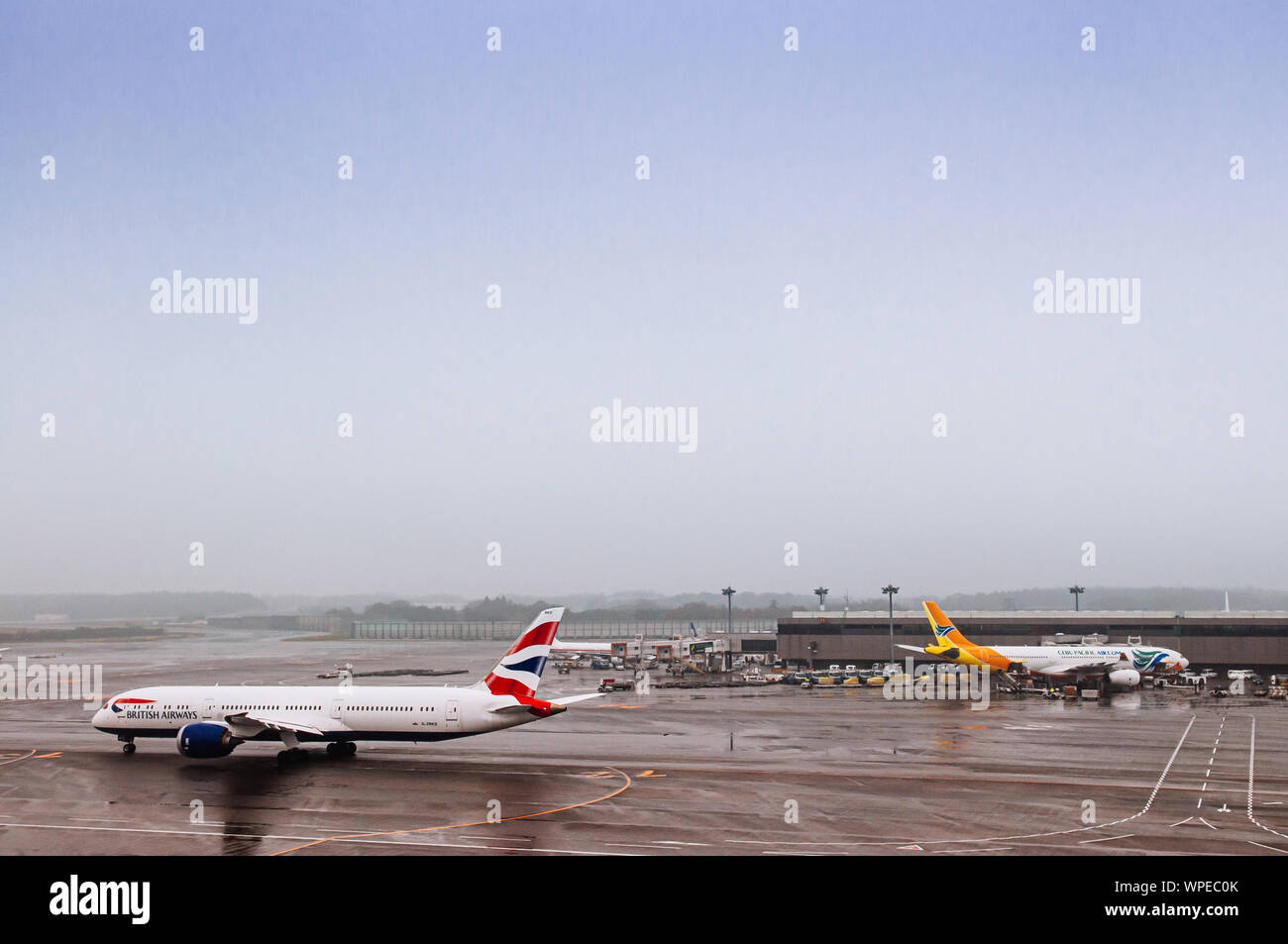DEC 6, 2018 Narita, Japan - Airplane during raining bad weather at ...