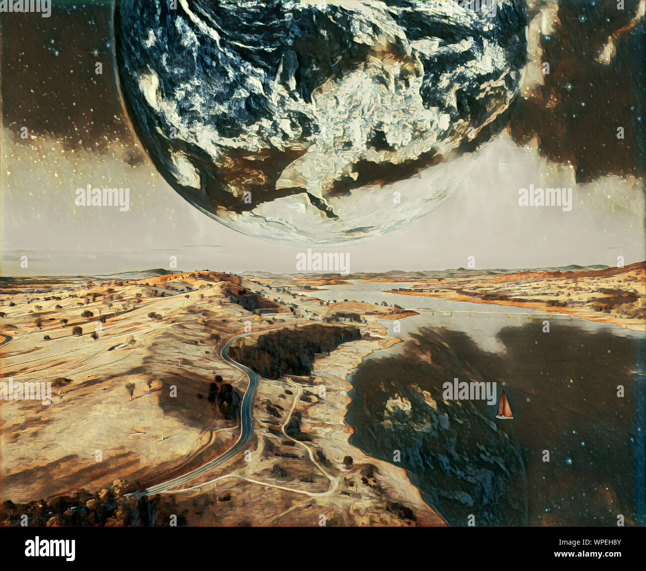 Sailboat in a river on alien planet - digital artwork. Elements of this ...