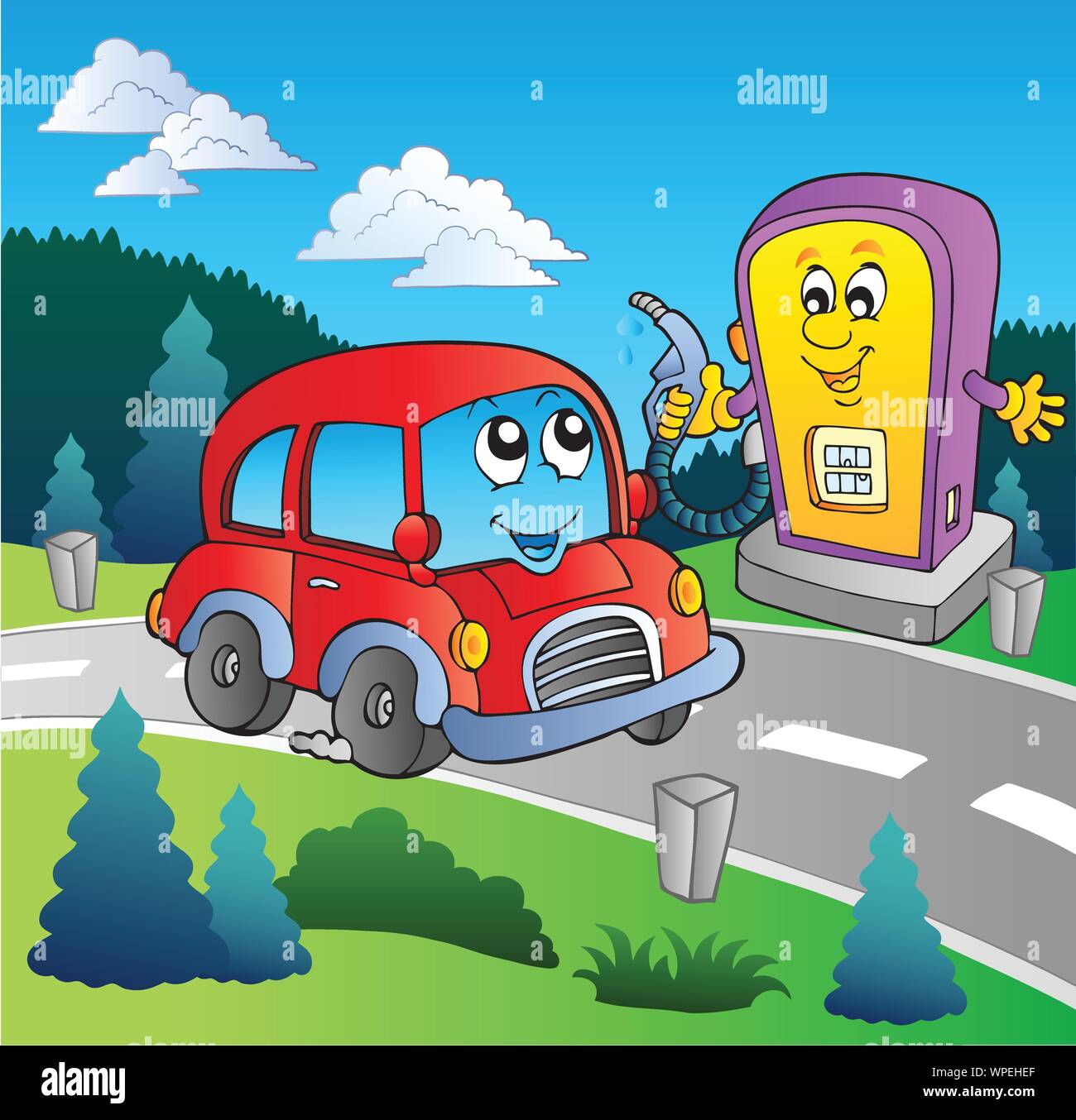 Cute car at cartoon gas station Stock Vector Image & Art - Alamy