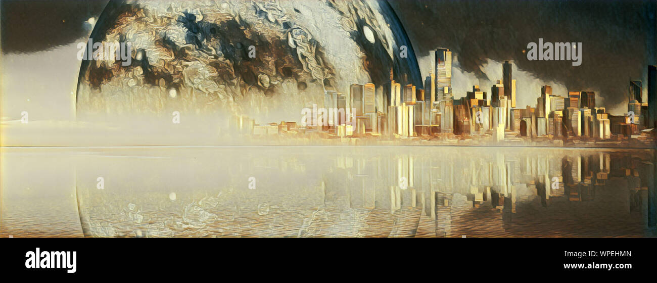Alien planet city buildings reflecting in the sea - digital artwork ...
