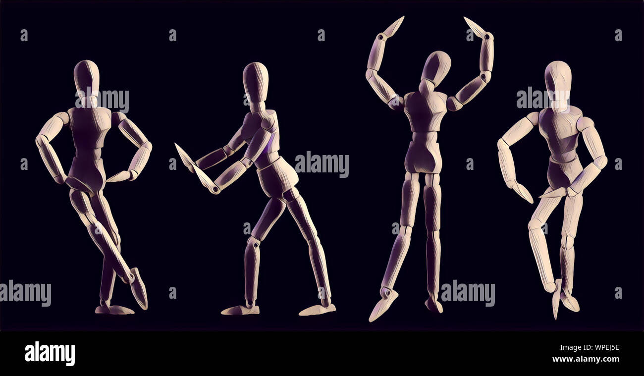 Set of wooden figurines in dance move poses digital artwork Stock Photo ...