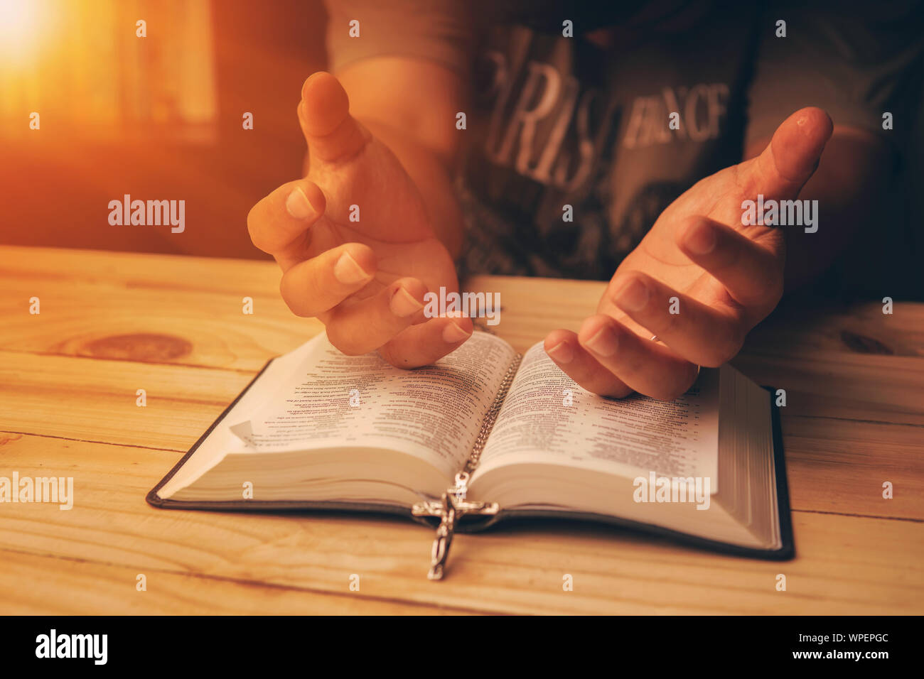 Christian hand while praying and worship for christian religion with ...