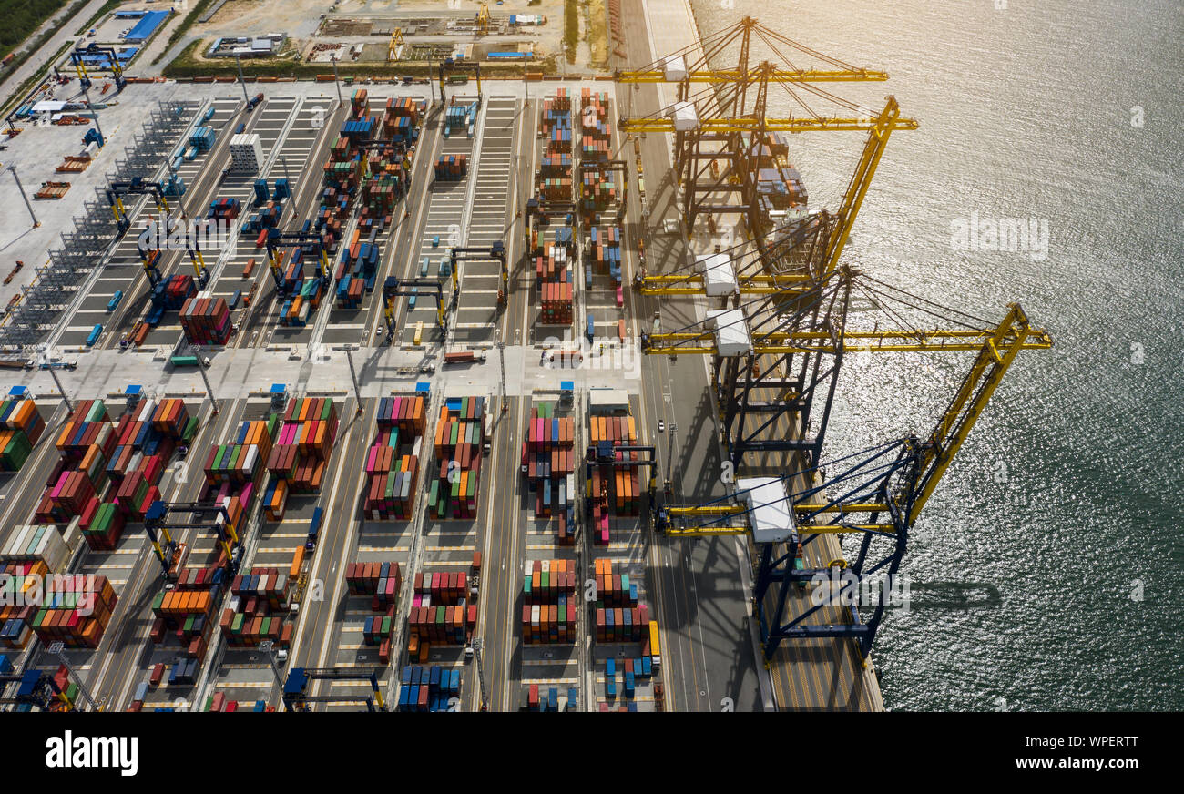 Aerial view sea port Container cargo loading ship in import export ...