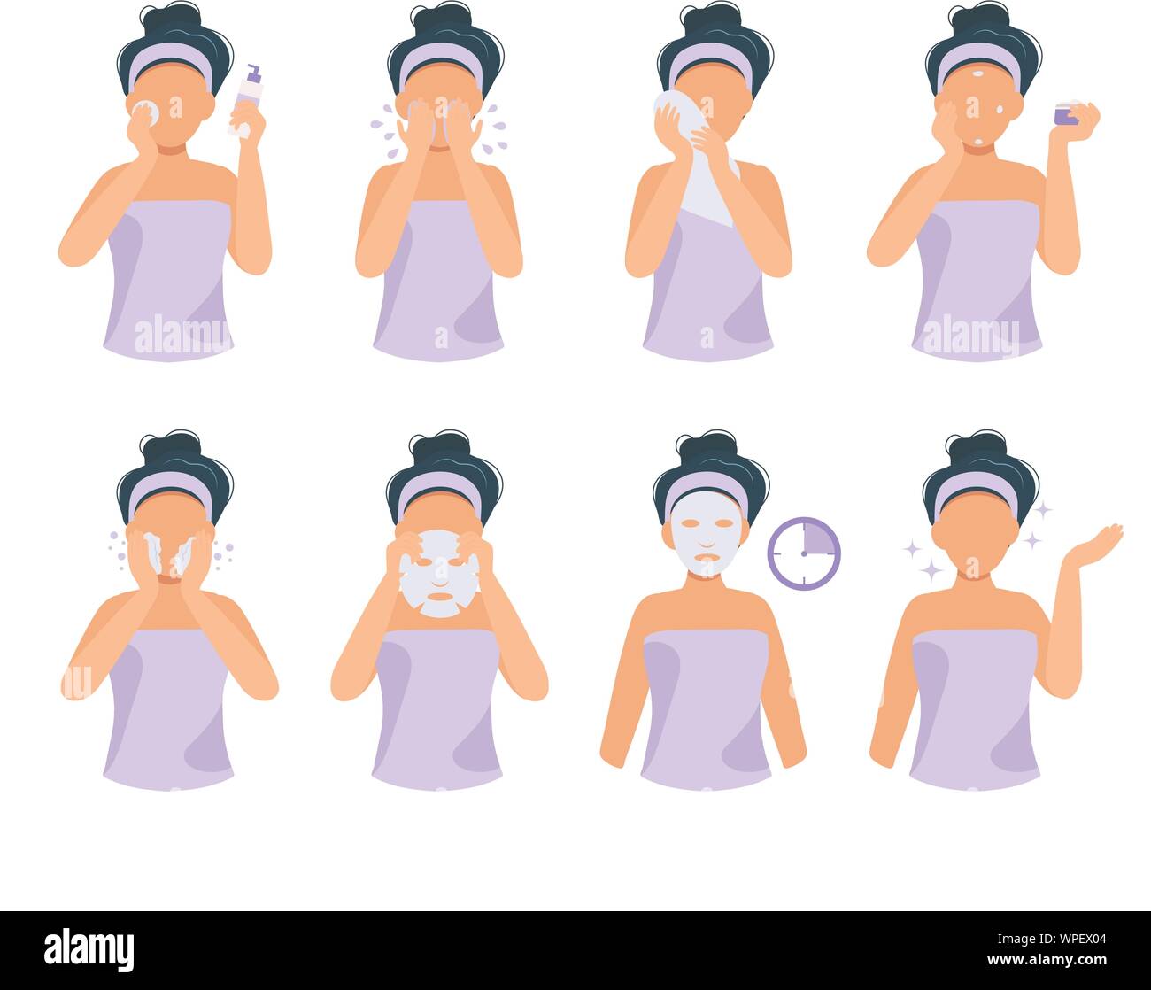 Skin care routine. Illustration set with girl making different steps ...