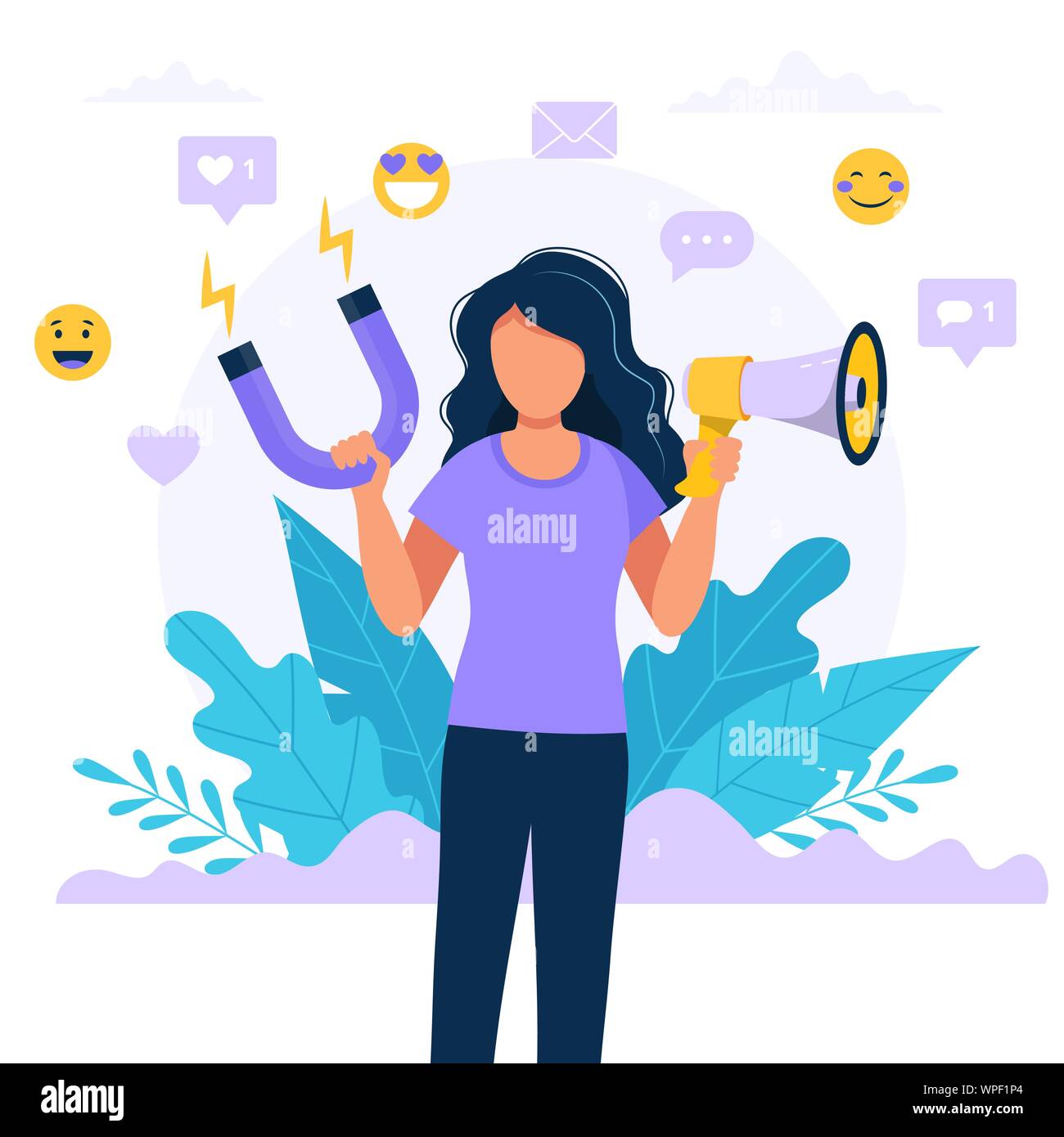 Social media influencer. Illustration with woman holding megaphone and ...