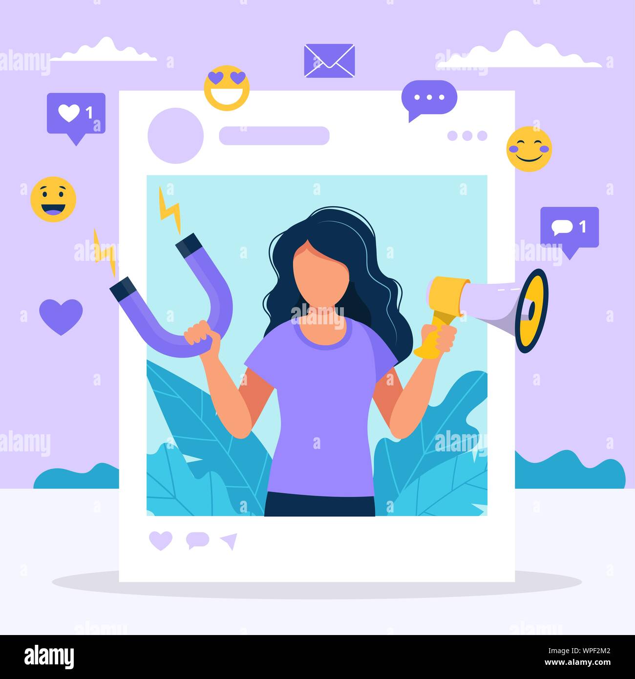Social media influencer. Illustration with woman holding megaphone and ...