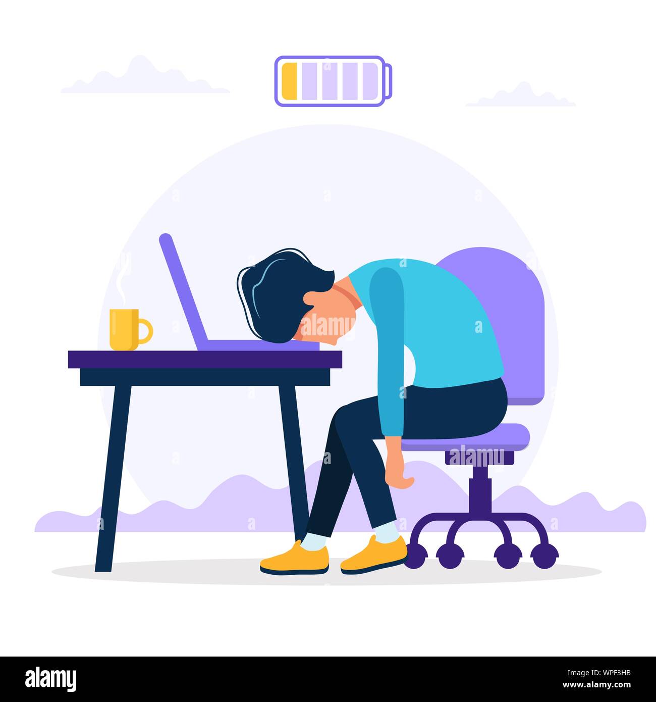 Burnout concept illustration with exhausted male office worker sitting ...