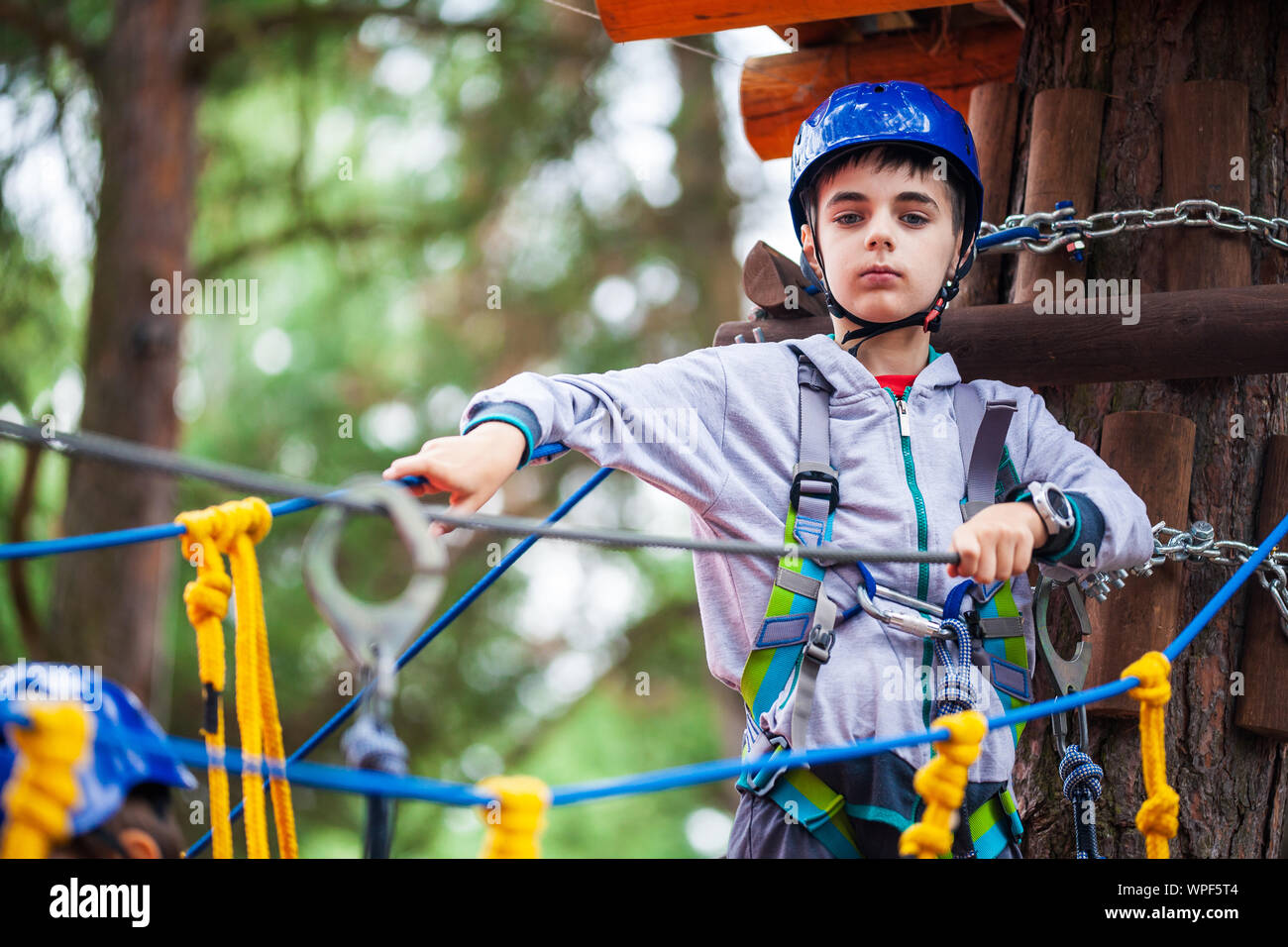 Young boy climbing pass obstacles in rope. Child in forest adventure ...