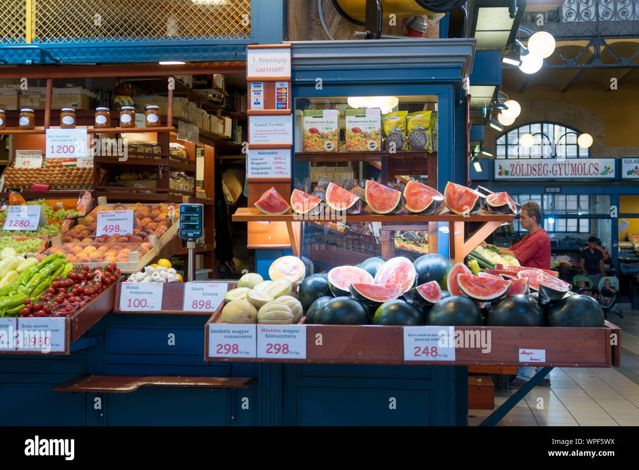 Budapest, Hungary - Aug 16, 2019: Colourful fruit stall with melons and ...