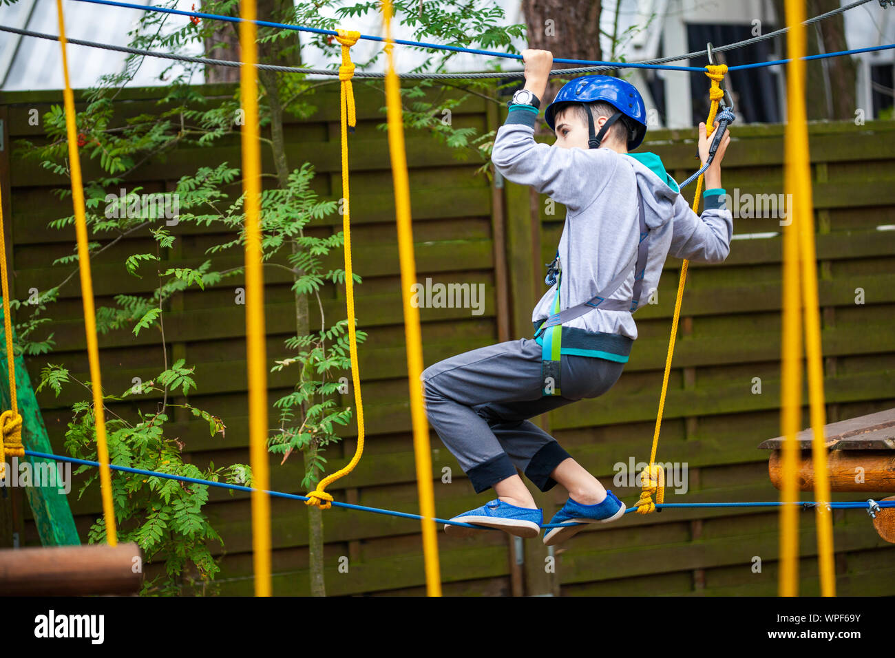 Young boy climbing pass obstacles in rope. Child in forest adventure ...