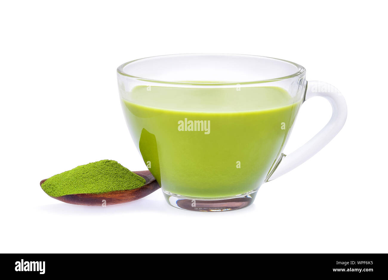 Hot green tea matcha latte with powdered green tea isolated on white ...